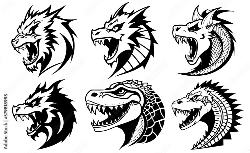 Set of dragon heads with open mouth and bared fangs, with different ...