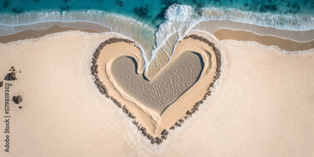 Generative AI illustration of sea with heart shaped sand Stock ...