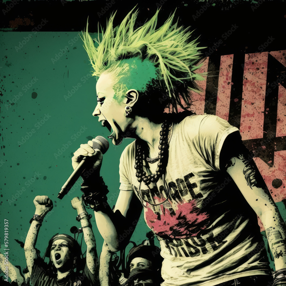 Generative AI illustration of young woman singing during punk rock ...