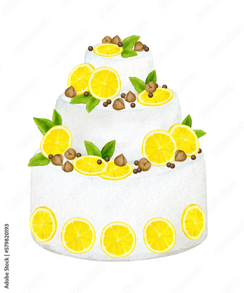 Lemon cake decorated with nuts and mint. Watercolor holiday clipart for ...