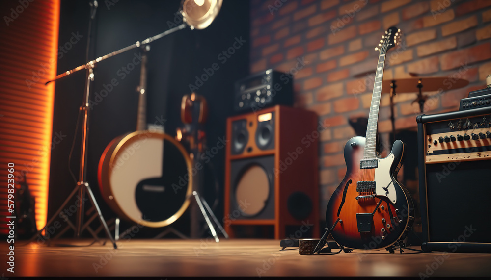 Rehearsal studio room with drum kit. Music repetition base. Indoor ...