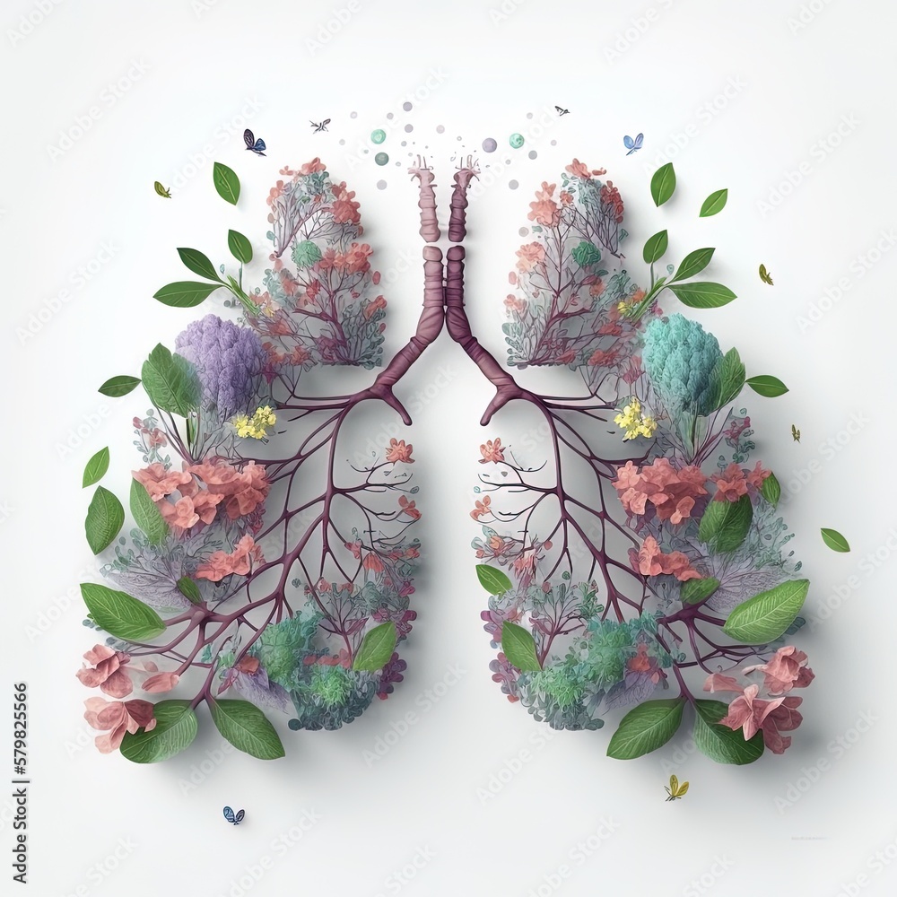 Lungs made of leaves and flowers, green lung, healthy respiratory system, anatomical diagram ...