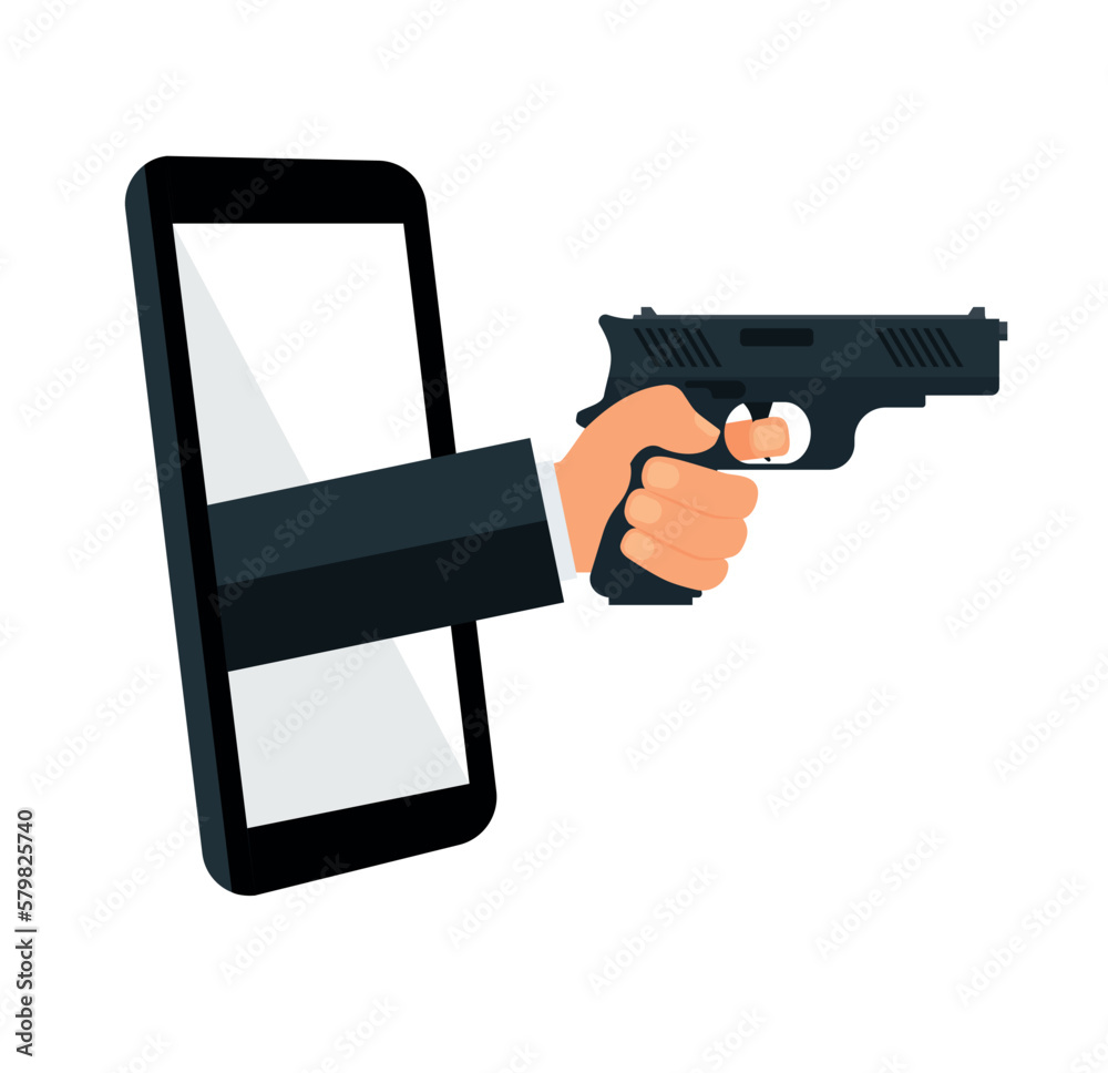 Single hand holding Thompson submachine gun through mobile phone ...