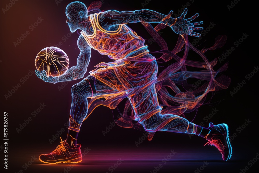 Silhouette basketball neon light, player slam dunk, basketball court ...