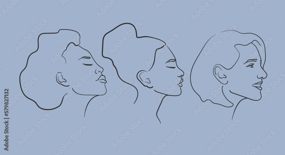 Faces profile of a girls in line-art style on a blue background. Woman ...