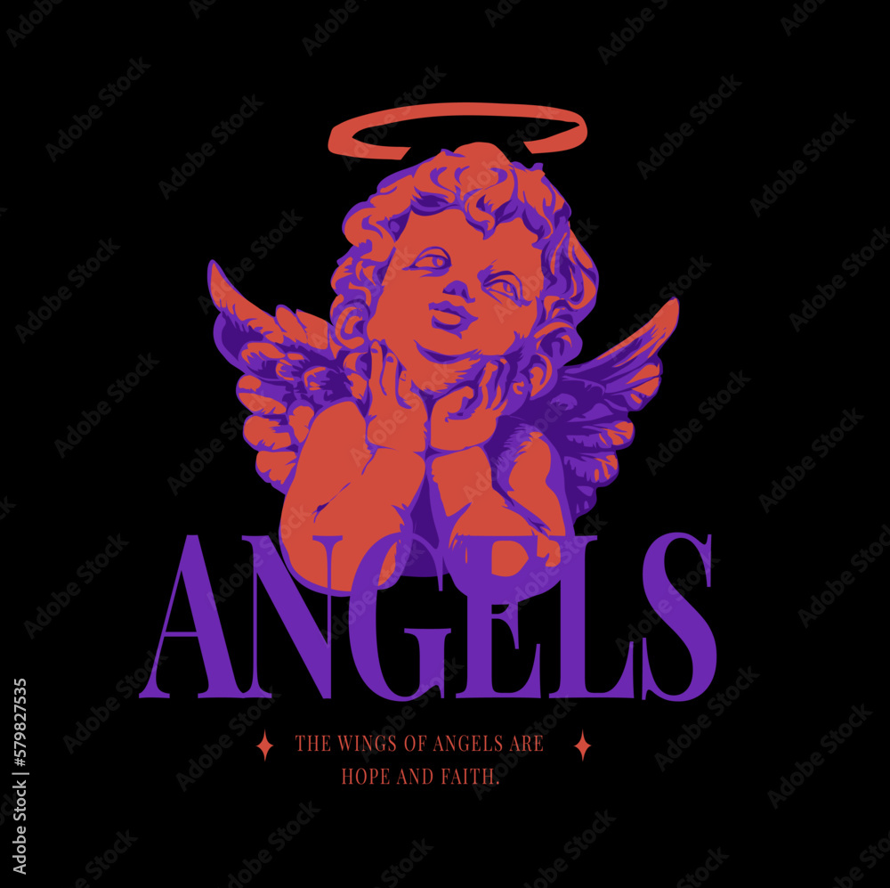 angels slogan with baby angels statue graphic vector illustration on ...