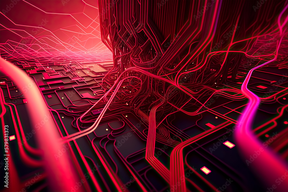 Computing Concept with High-Tech Mesh. Red and Pink Futuristic Digital ...