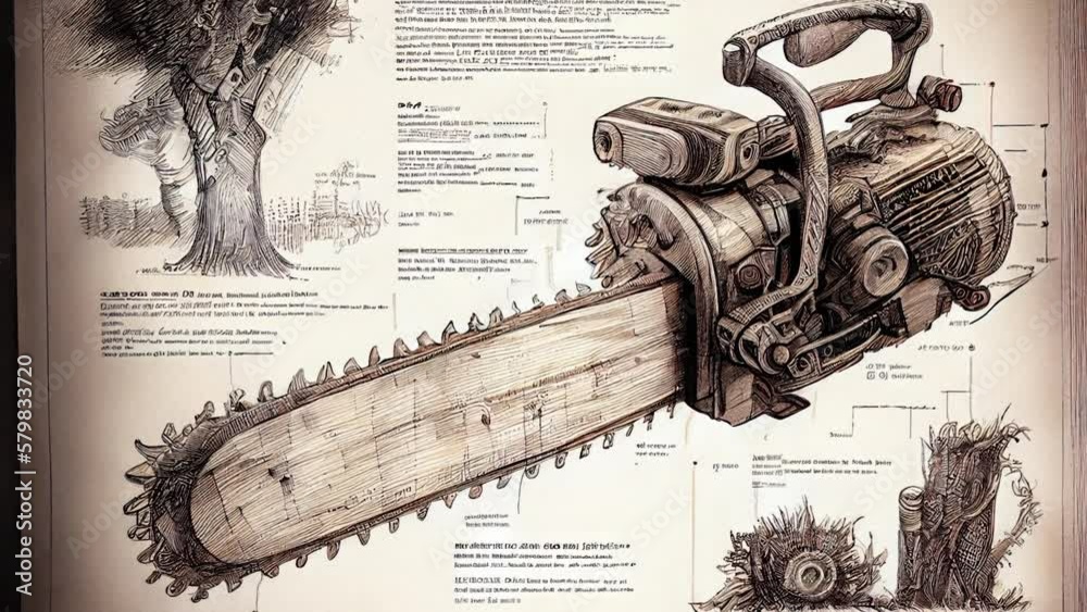 A drawing of a chainsaw from an old illustration book with the writings ...