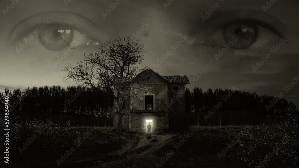 Creepy Old House Eyes Spying Man Zoom In Scary Scene Vintage Film. Face ...