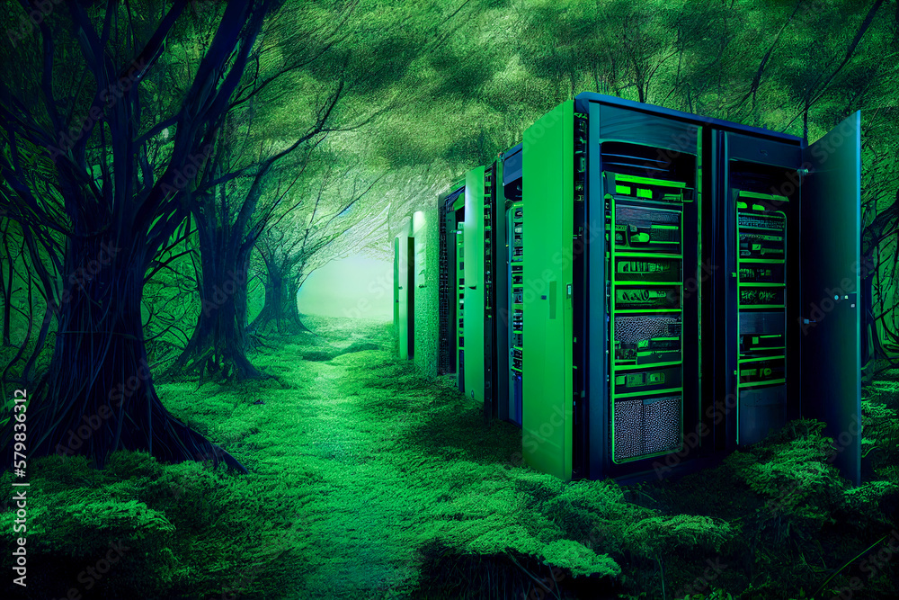 Futuristic server room with green trees. green technology concept ...