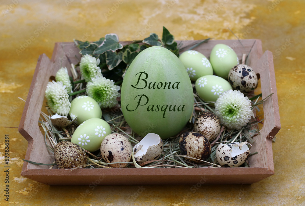 Fotka „Uovo di Pasqua con la scritta Buona Pasqua in un nido decorato ...