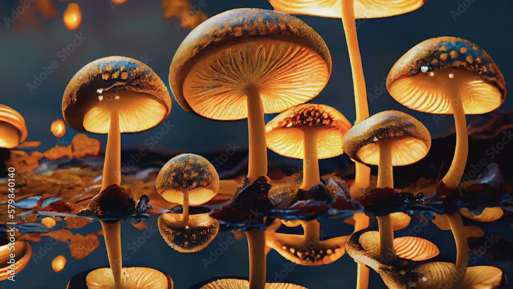 Closer look of the brown mushroom with the yellow light on a glass ...