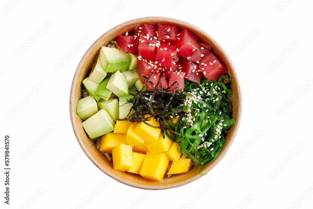 Tuna poke with mango, avocado, chuca seaweed, poke rice, aioli sauce on ...
