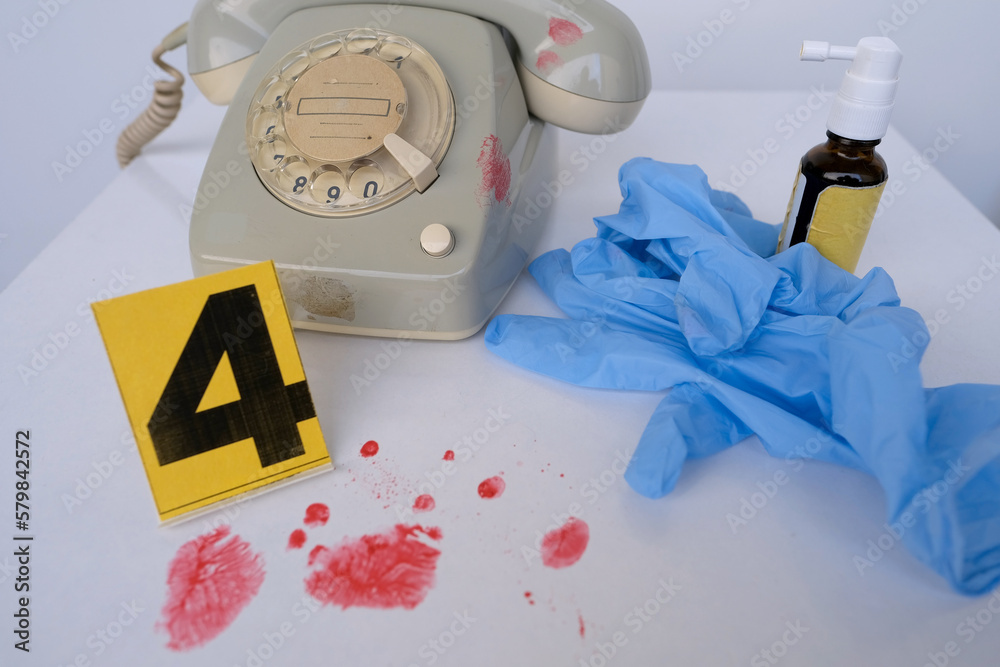 crime scene with evidence markers, idfresh splatter of red blood on ...