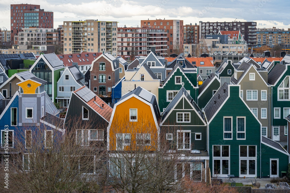 Skyline of Zaandam, Rooftops of modern dutch houses Stock Photo | Adobe ...
