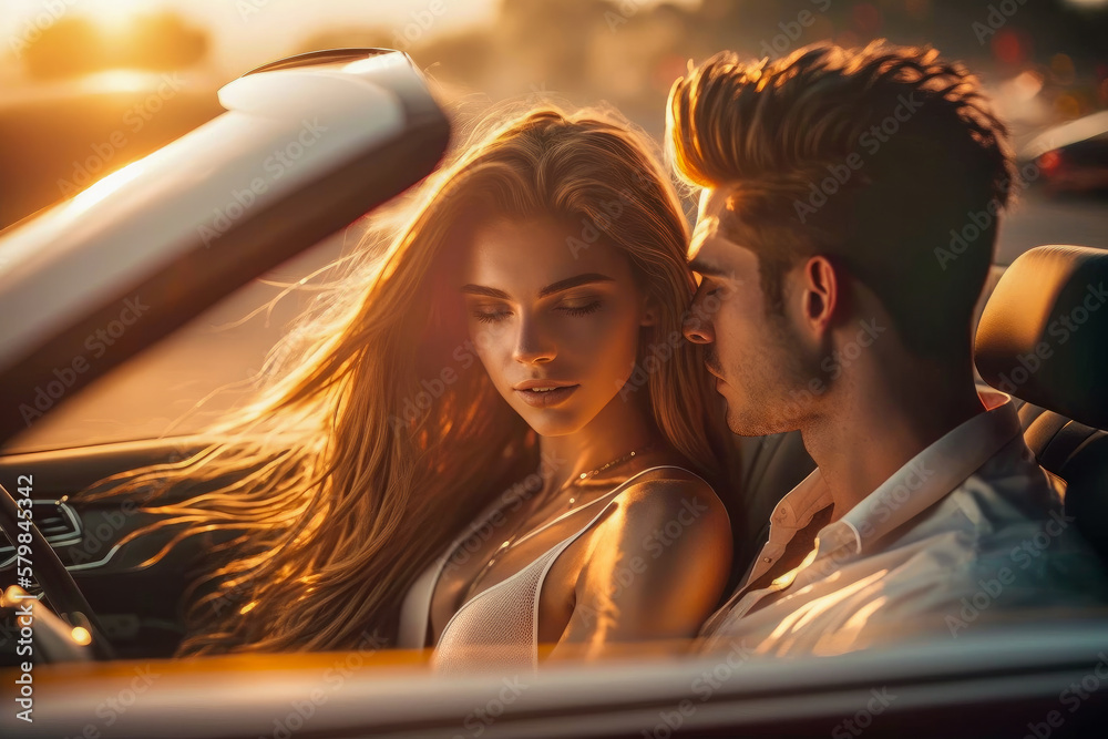 Girl in love and her boyfriend man are sitting in a car flirting ...