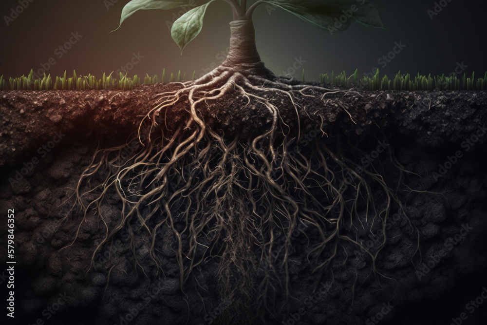 roots of a plant growing in rich soil below the surface, subsurface ...