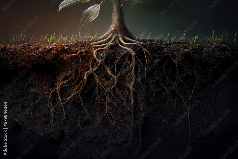 roots of a plant growing in rich soil below the surface, subsurface ...