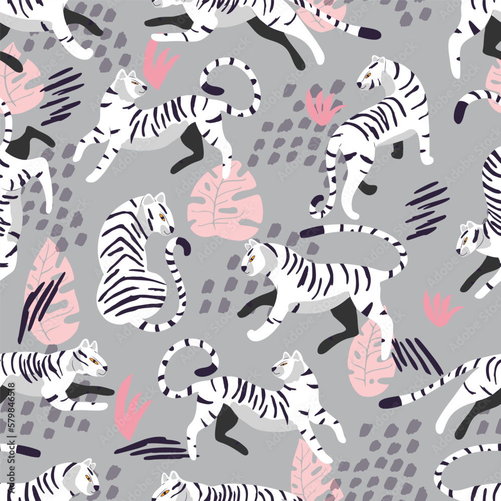 Seamless pattern with hand drawn exotic big cat white tiger, with ...