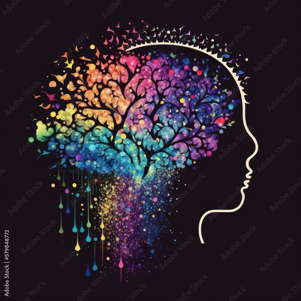 A digital illustration of the human brain with rainbows, glitter and ...