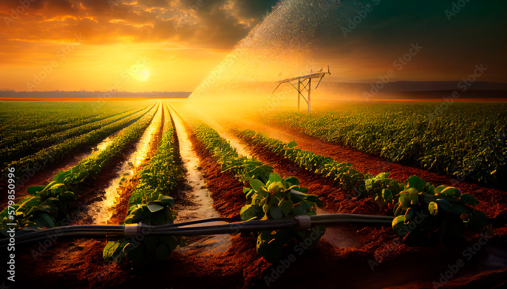 Irrigation system on agricultural soybean field, rain gun sprinkler on ...