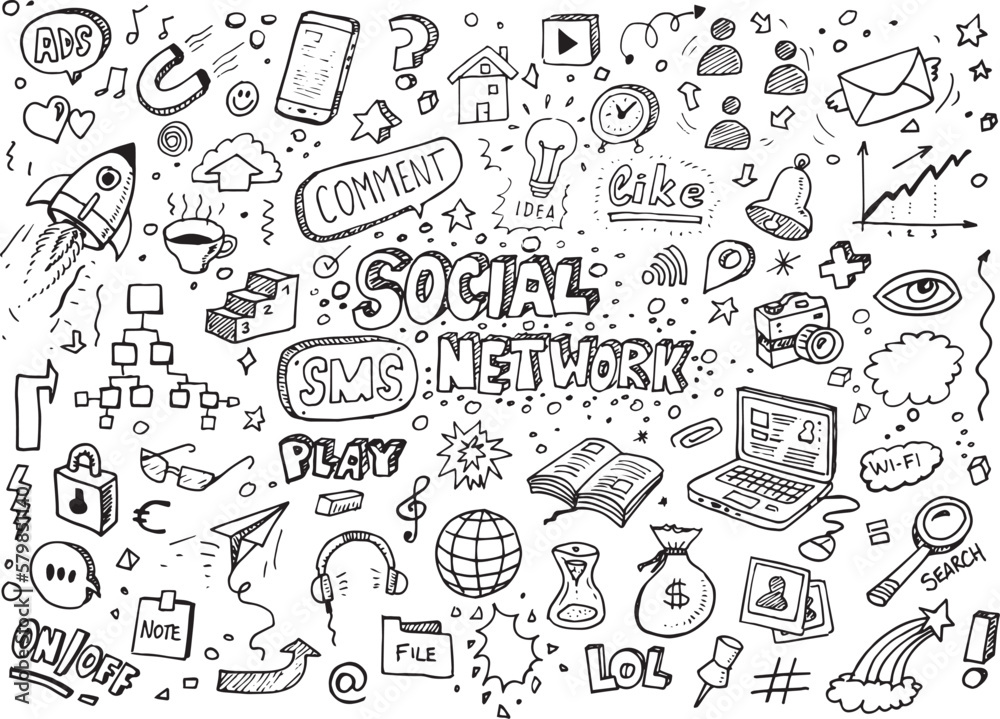 Social network hand drawn doodles, vector illustration on white ...