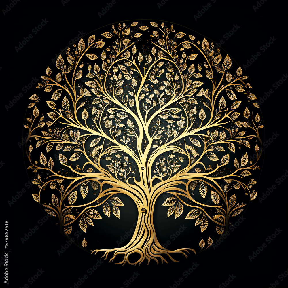 Golden Tree of Life over Black Background Banner Illustration , Sacred ...