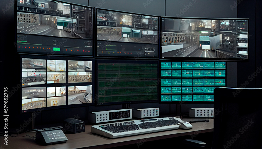 Regulation of Safety inside of a cctv room showing many monitors ...