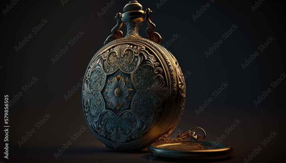 A dark and mysterious still life of a vintage pocket watch, illuminated ...