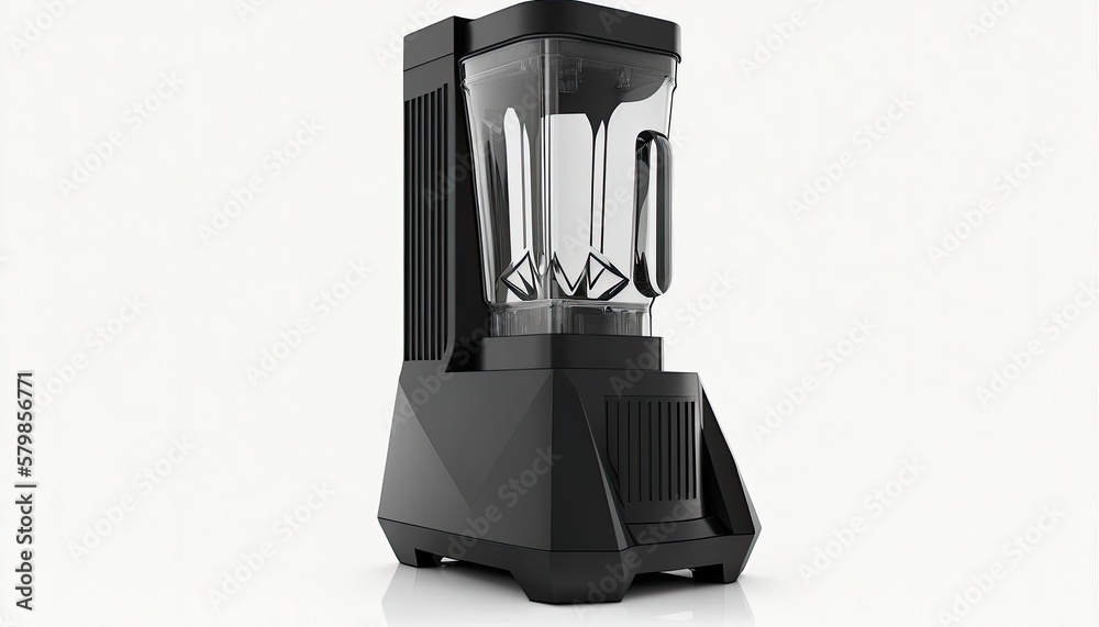 A sleek, modern black blender with bold, geometric lines, softly lit to ...