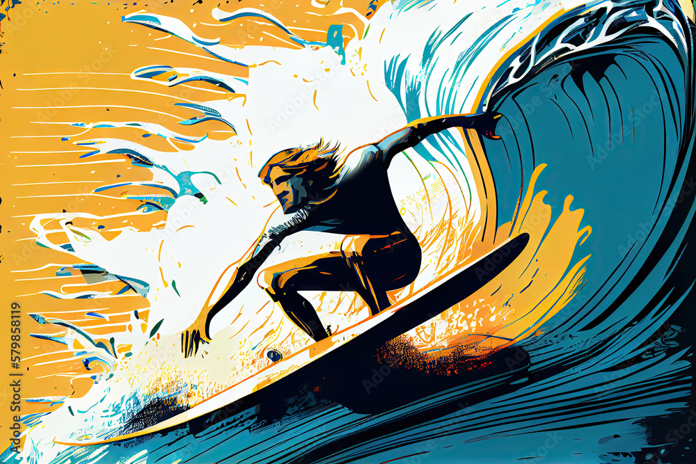 Surfer riding waves created with AI Stock Illustration | Adobe Stock