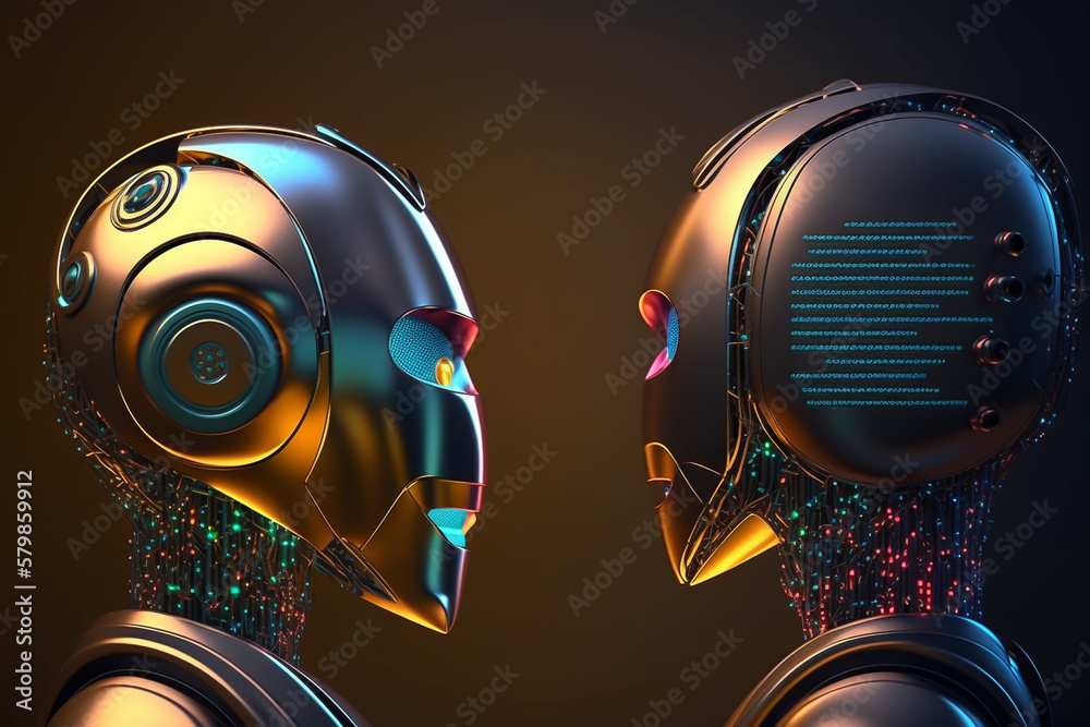 Illustrazione Stock Two humanoid cyborg robots communicating. Concept ...
