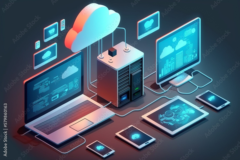 Cloud technology, computing. Devices connected to digital storage in ...
