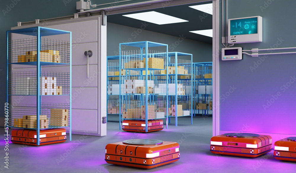 Refrigeration chamber for food storage. Warehouse autonomic robots ...