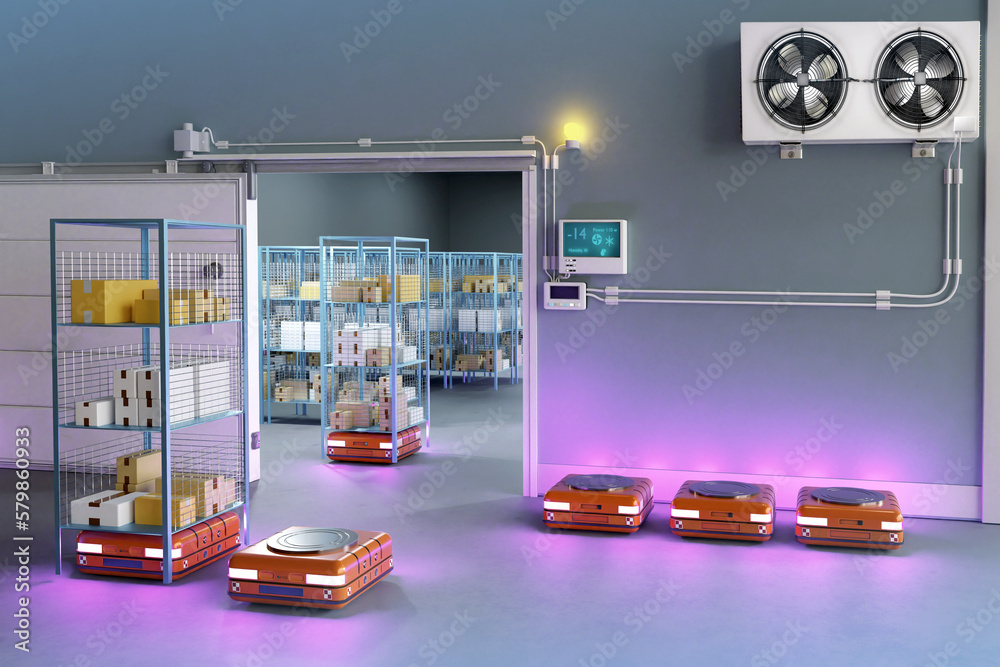 Refrigeration chamber for food storage. Warehouse autonomic robots ...