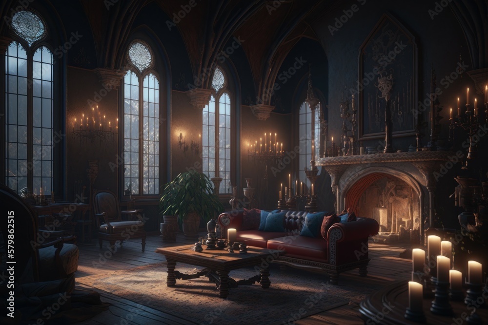 Living room of a large, Gothic vampire castle. Dracula's castle. AI ...