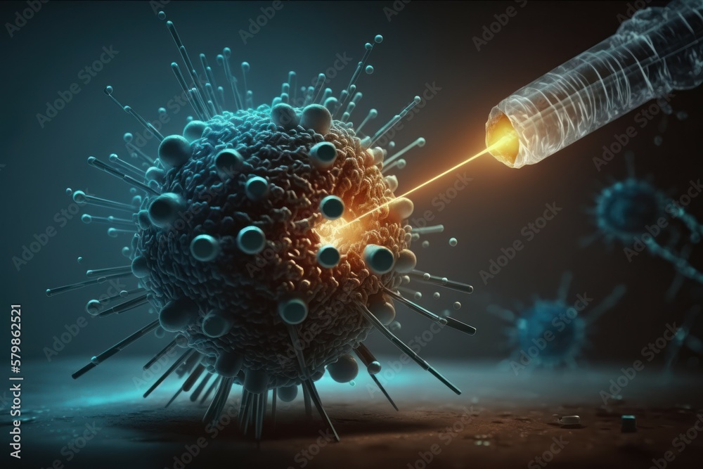 Injection with a syringe kills a virus. Background, selective focus. AI ...