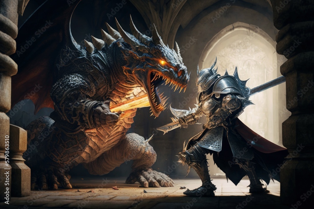 The epic scene of the battle of a knight with a dragon. Fairy tale ...