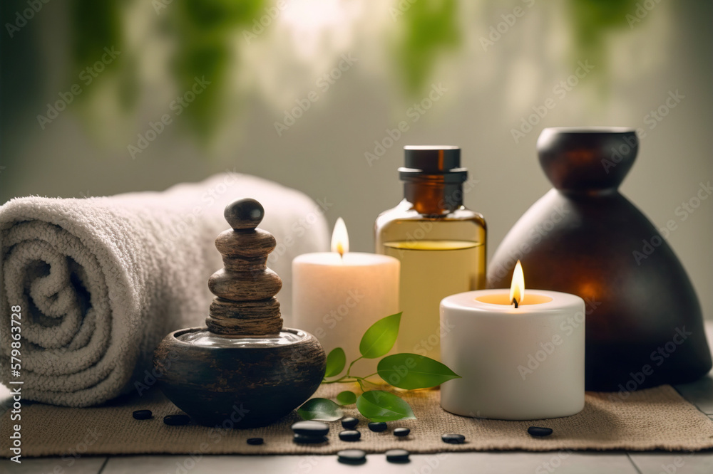 AI Generative image, spa accessory composition set in spa hotel ...