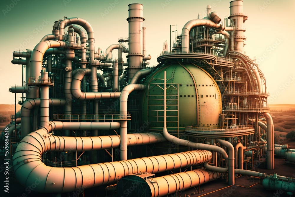 Chemical processing plant with a maze of pipes and tanks, concept of ...