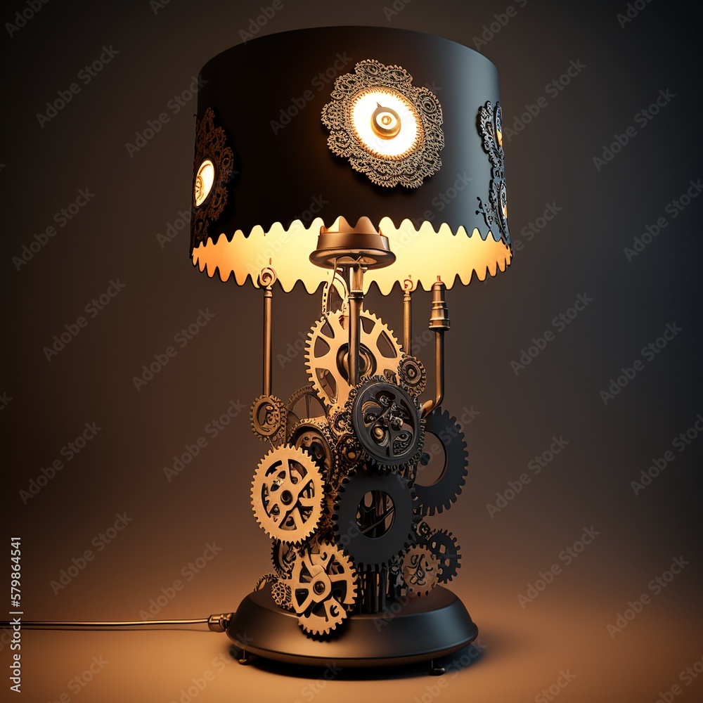 Lamp with a base made of a large watch gear and a shade decorated with ...