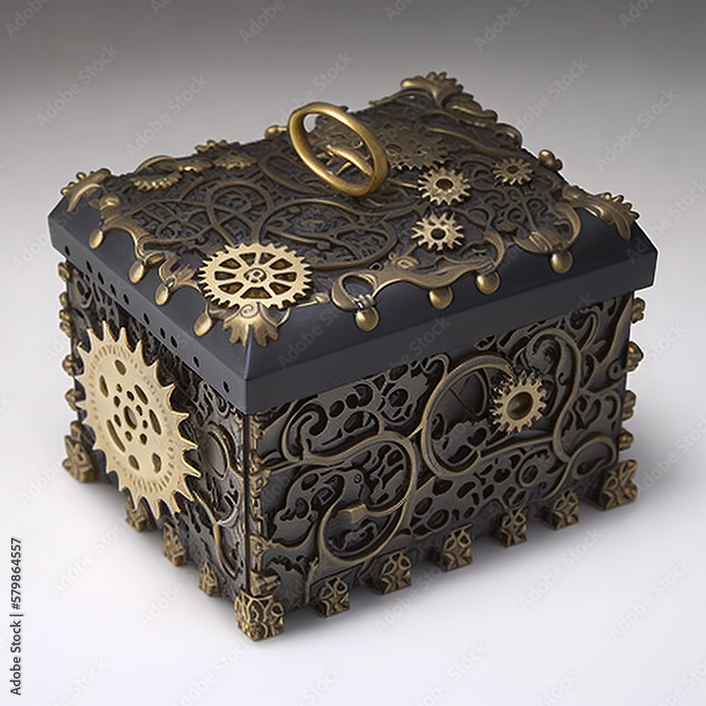 Decorative box with a lid made of watch gears and cogs and a small ...