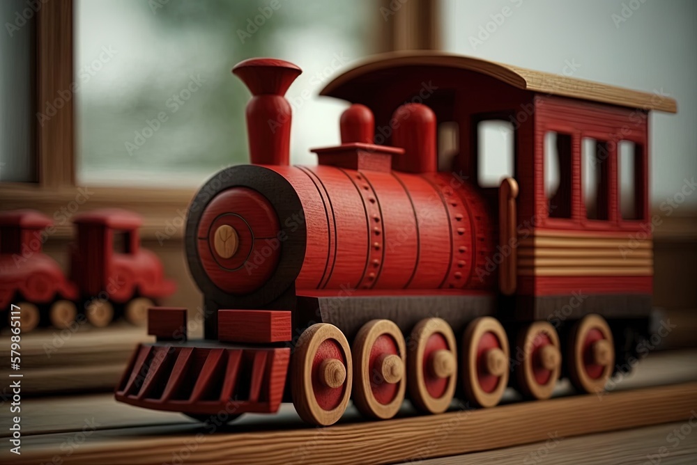 An old-fashioned toy train set made entirely of wood is a red wooden ...