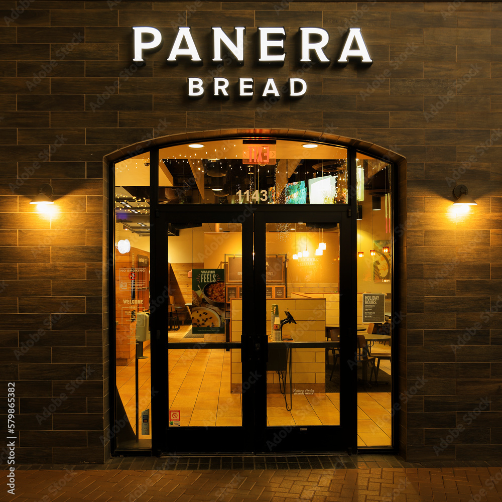 Panera Bread restaurant entrance photographed at night on February 12 ...