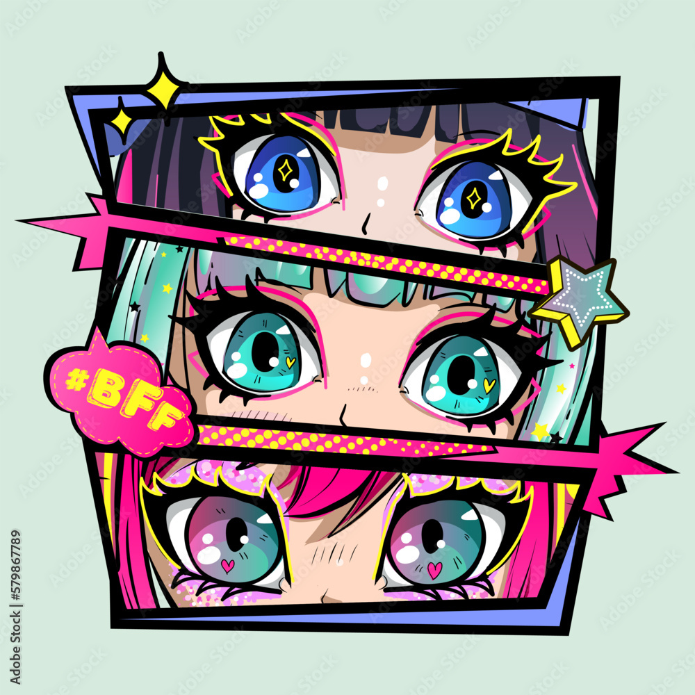 Comics style poster with anime girl faces. Amines eyes illustration ...