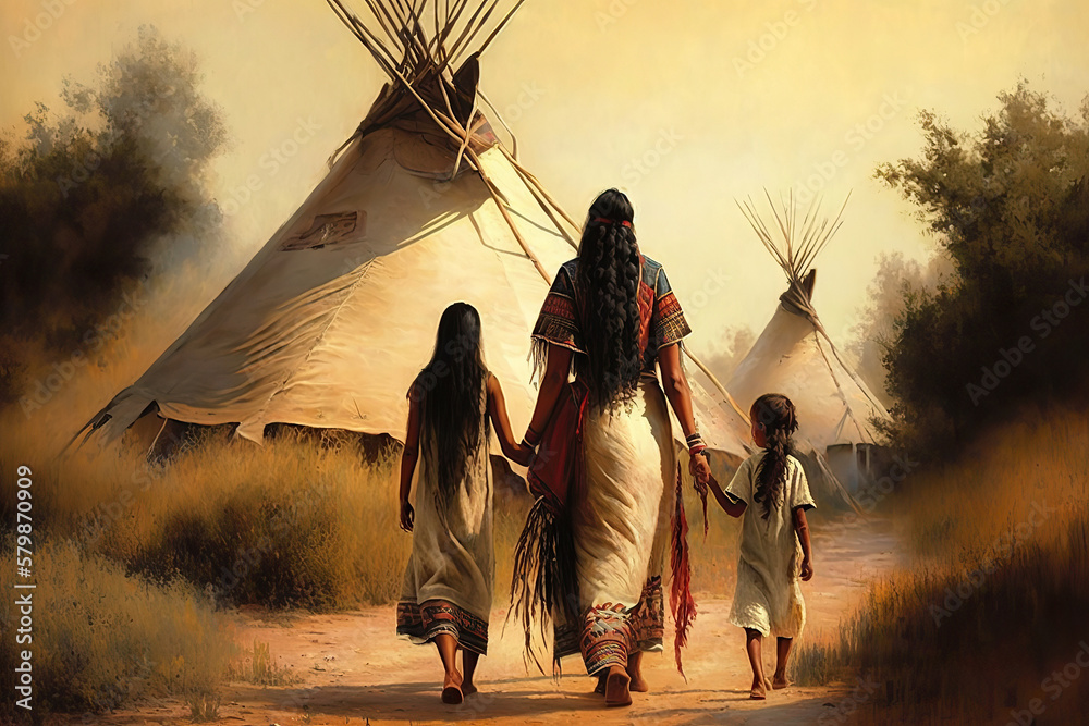 native american indian woman walking with children toward tipi ...