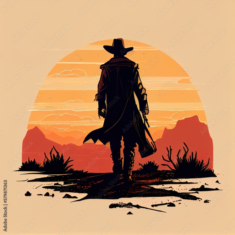 Antique Orange Sign Gunfighter Silhouette