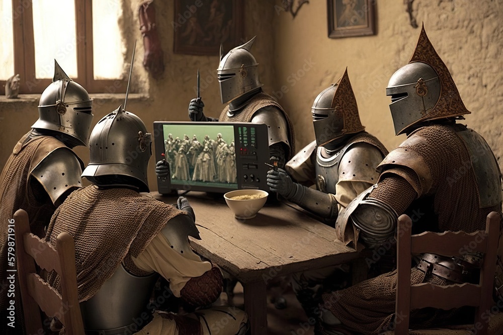 Medieval knights watching tv, concept of Entertainment and Technology ...