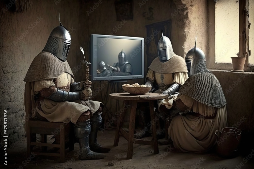 Medieval knights watching tv, concept of Entertainment and Technology ...