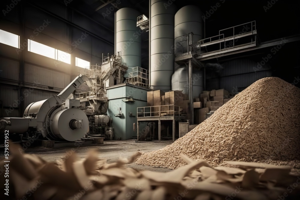 Paper mill with stacks of wood chips, concept of Resource Efficiency ...